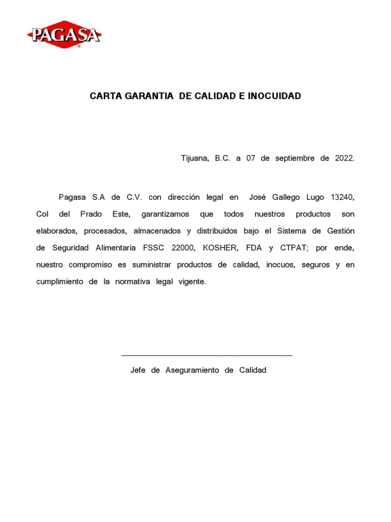 Carta Garantia de Calidad e Inocuidad | PDF