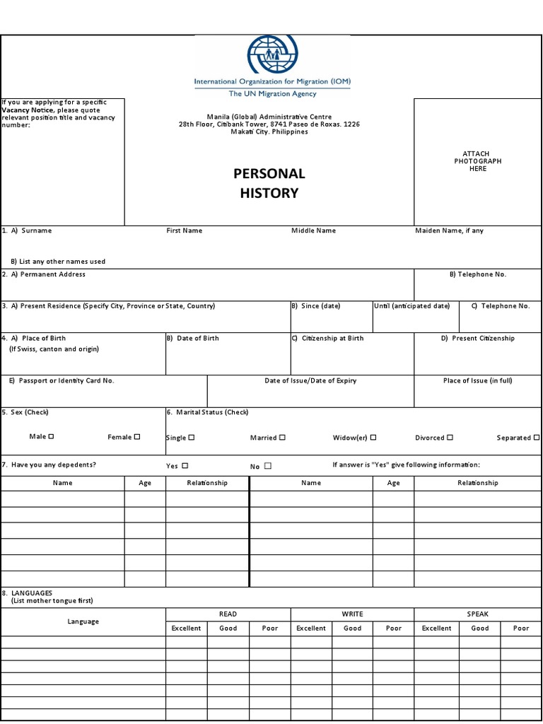IOM Personal History Form | PDF