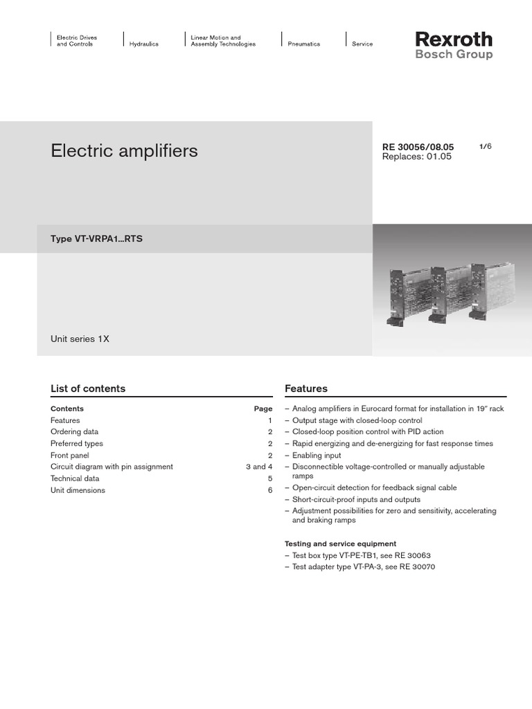 Electric Amplifiers: RE 30056/08.05 Replaces: 01.05 | PDF | Rectifier | Feedback