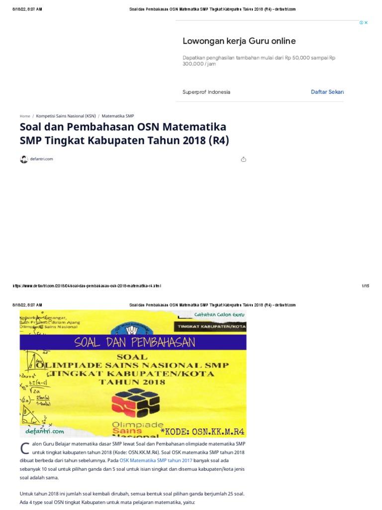 Soal Dan Pembahasan OSN Matematika SMP Tingkat Kabupaten Tahun 2018 (R4) | PDF