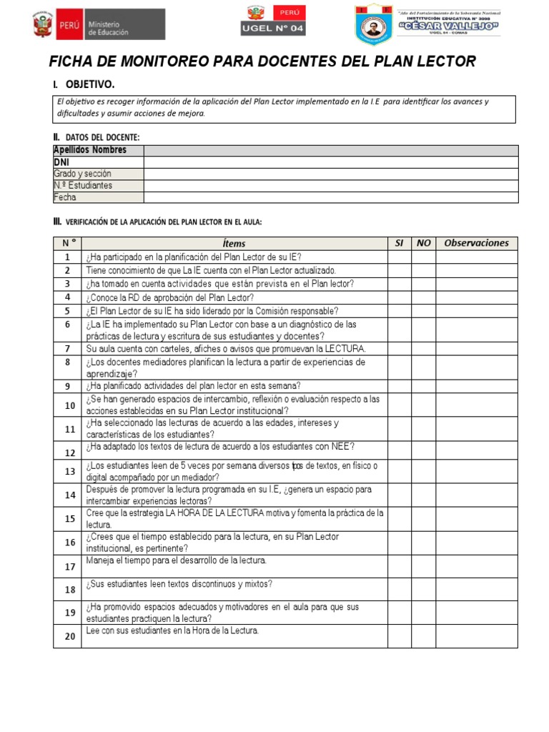 Ficha de Monitoreo para Docentes Del Plan Lector | PDF | Método de ...