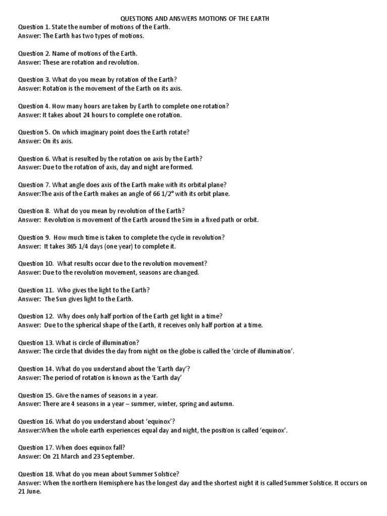 Questions and Answers Motions of The Earth | PDF | Earth | Night
