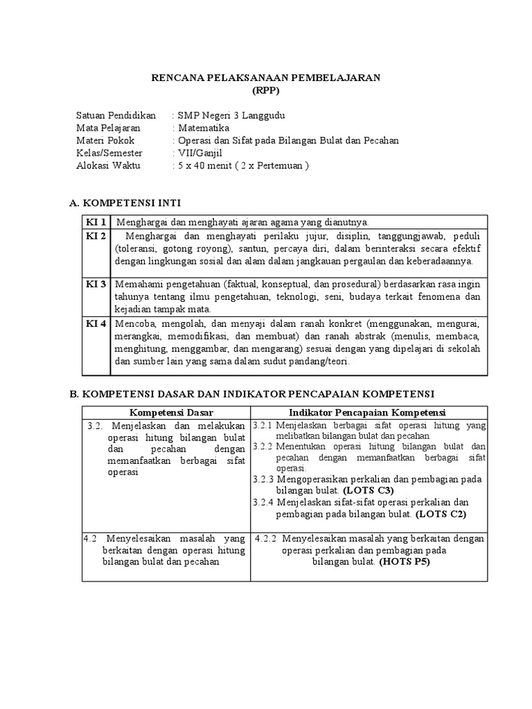 RPP PPL Operasi Hitung Bil. Bulat | PDF
