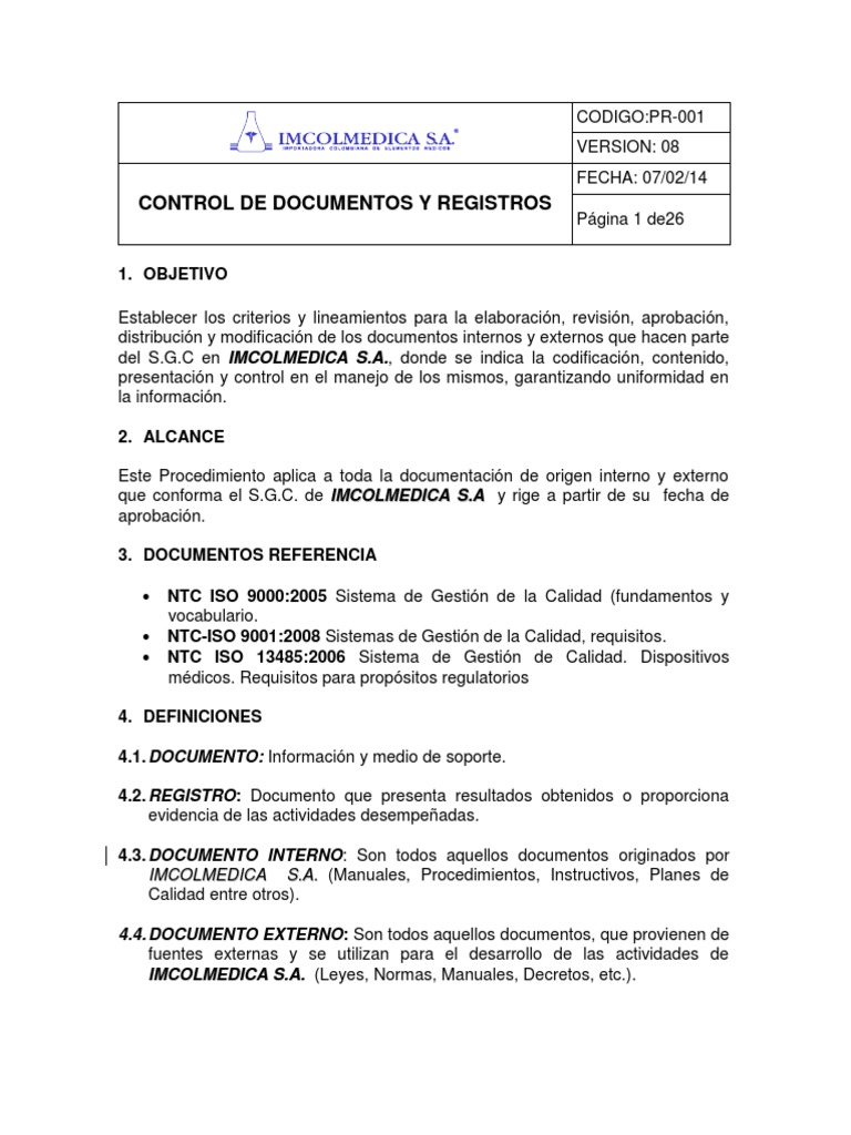 PR-001. Control de Documentos y Registros | PDF | Sistema de manejo de ...