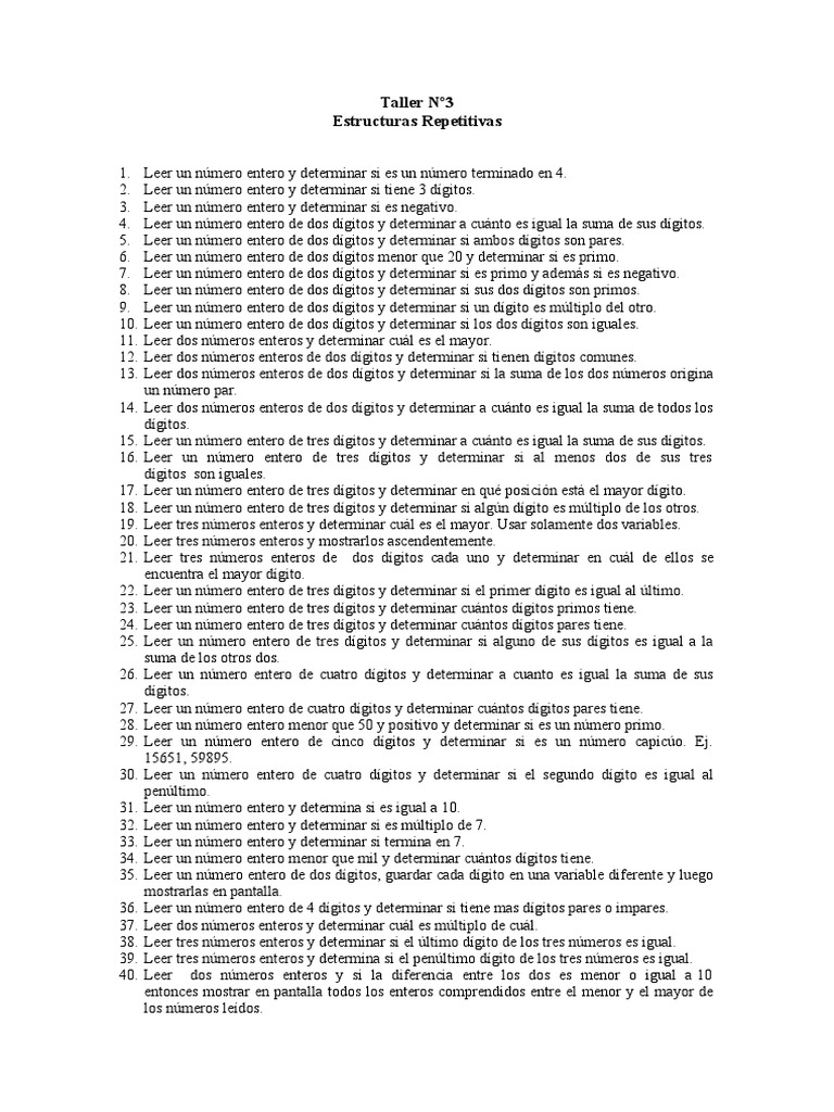 Taller 3 Estructura Repetitivas | PDF | Entero | Poco