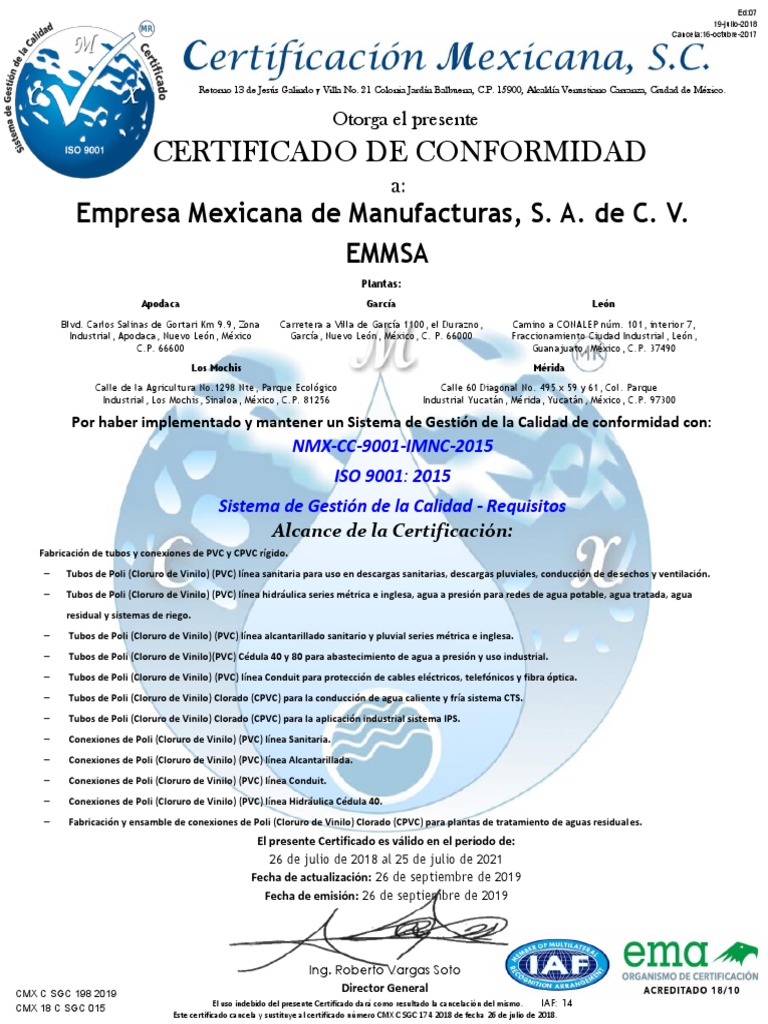 Certificado - PVC Y CPVC C.40 | PDF | Cloruro de polivinilo | México