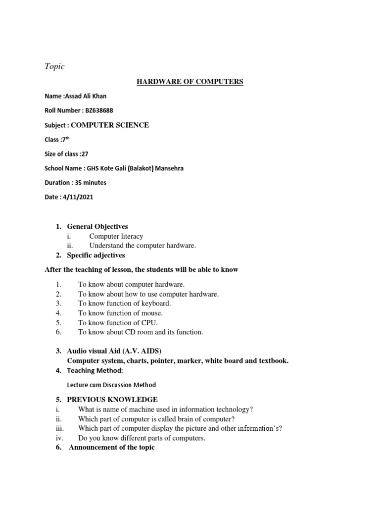 Assad Ali Khan Final Lesson Plan | PDF | Computer Hardware | Teaching Method