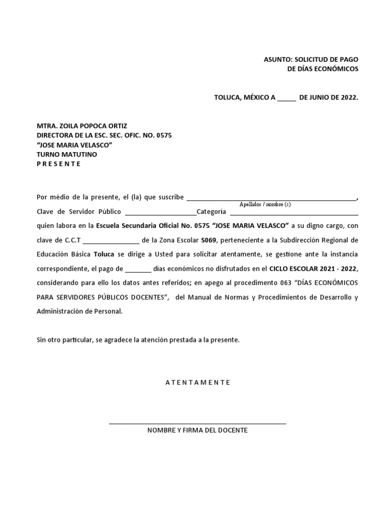 Solicitud de Pago de Dias Economicos 2022 | PDF