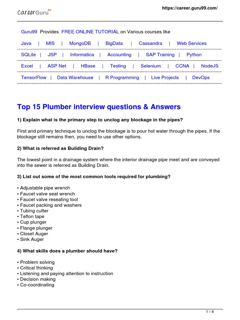 Top 15 Plumber Interview Questions & Answers | PDF | Plumbing | Materials