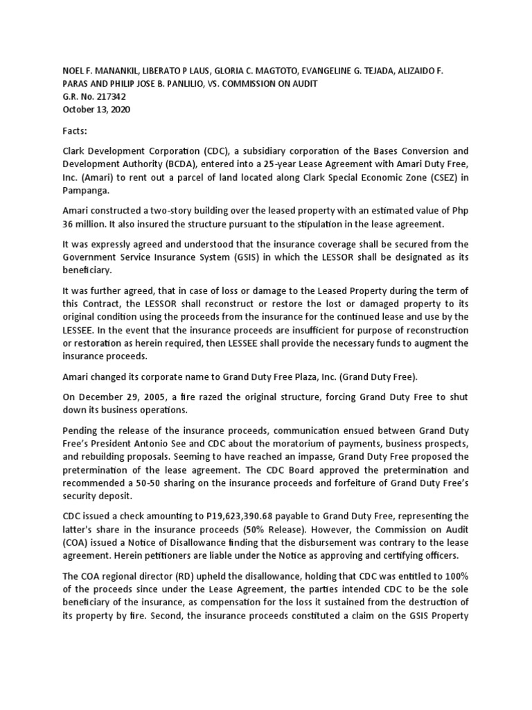 COA Disallowance on Insurance Proceeds | PDF | Lease | Insurance