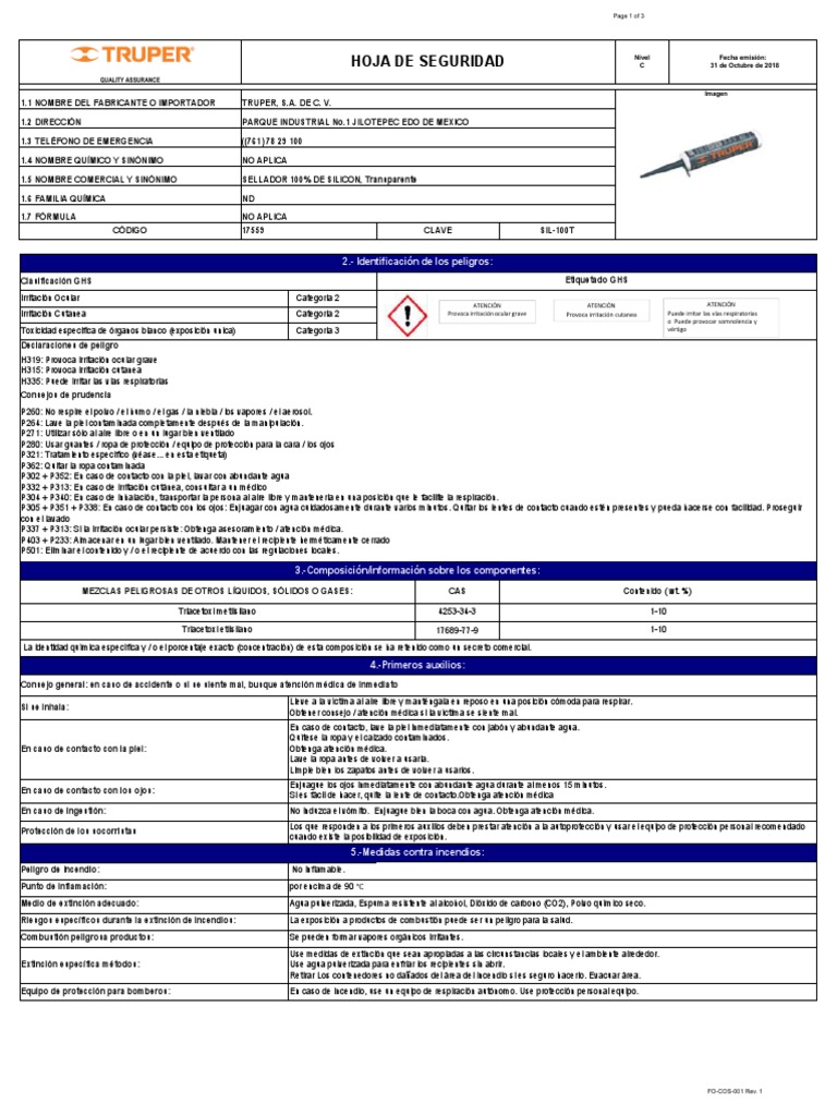 Silicona Selladora Transparente - MSDS | PDF | Agua | Contaminación