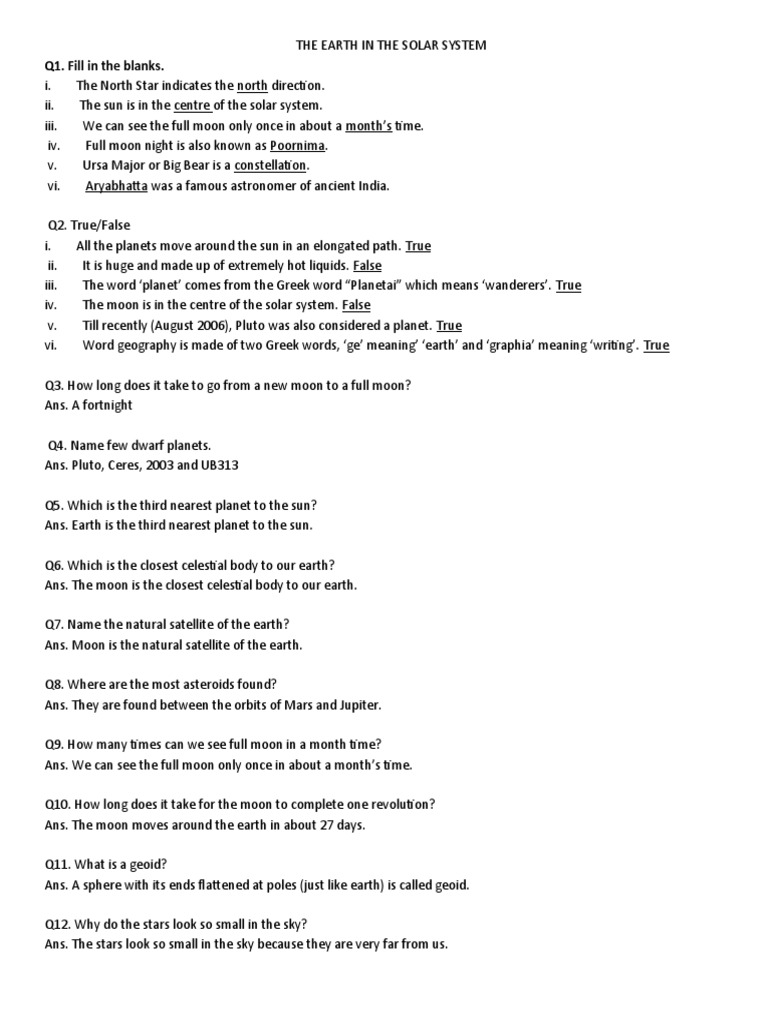 THE EARTH IN THE SOLAR SYSTEM Question and Answers | PDF | Planets ...