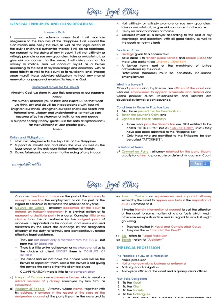 Basic Legal Ethics RMNApostle Notes | PDF | Lawyer | Practice Of Law