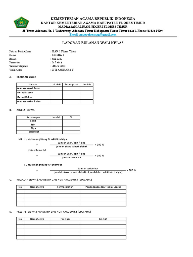 Format Laporan Wali Kelas | PDF