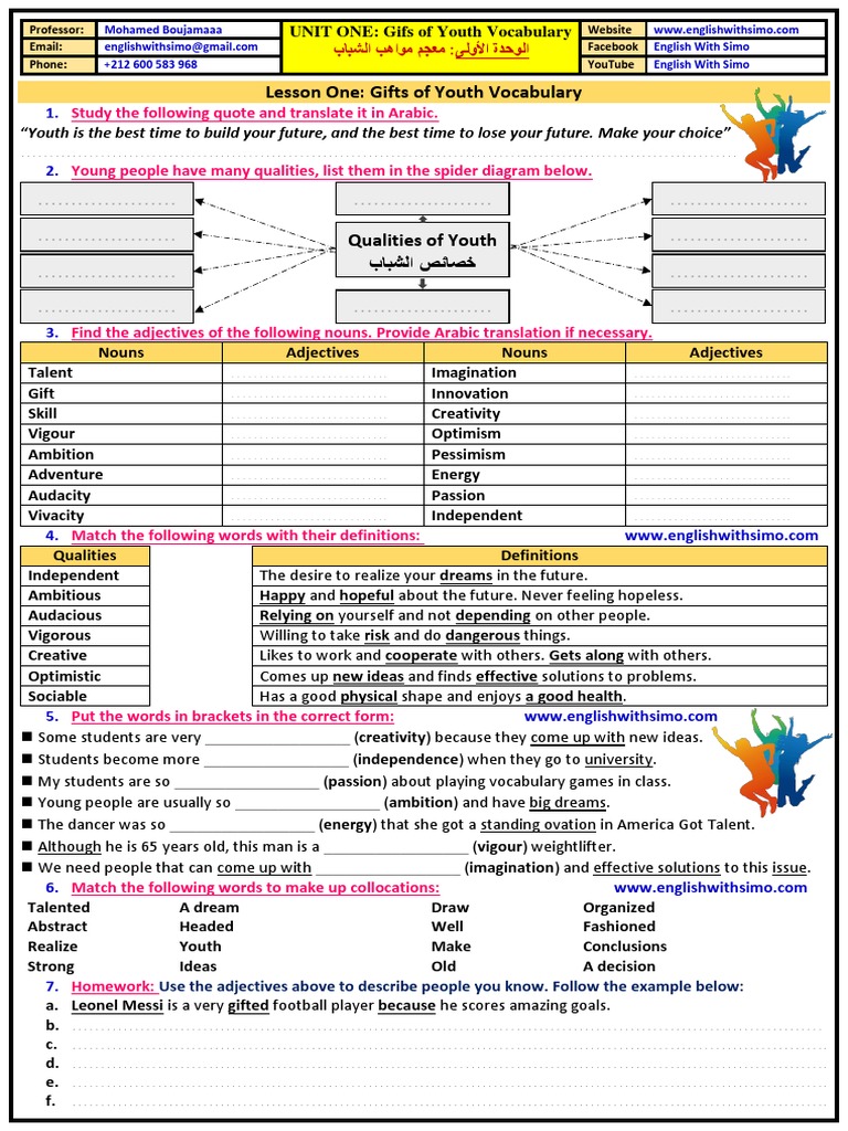 Unit One Vocabulary Gifts of Youth VOCABULARY by English With Simo ...