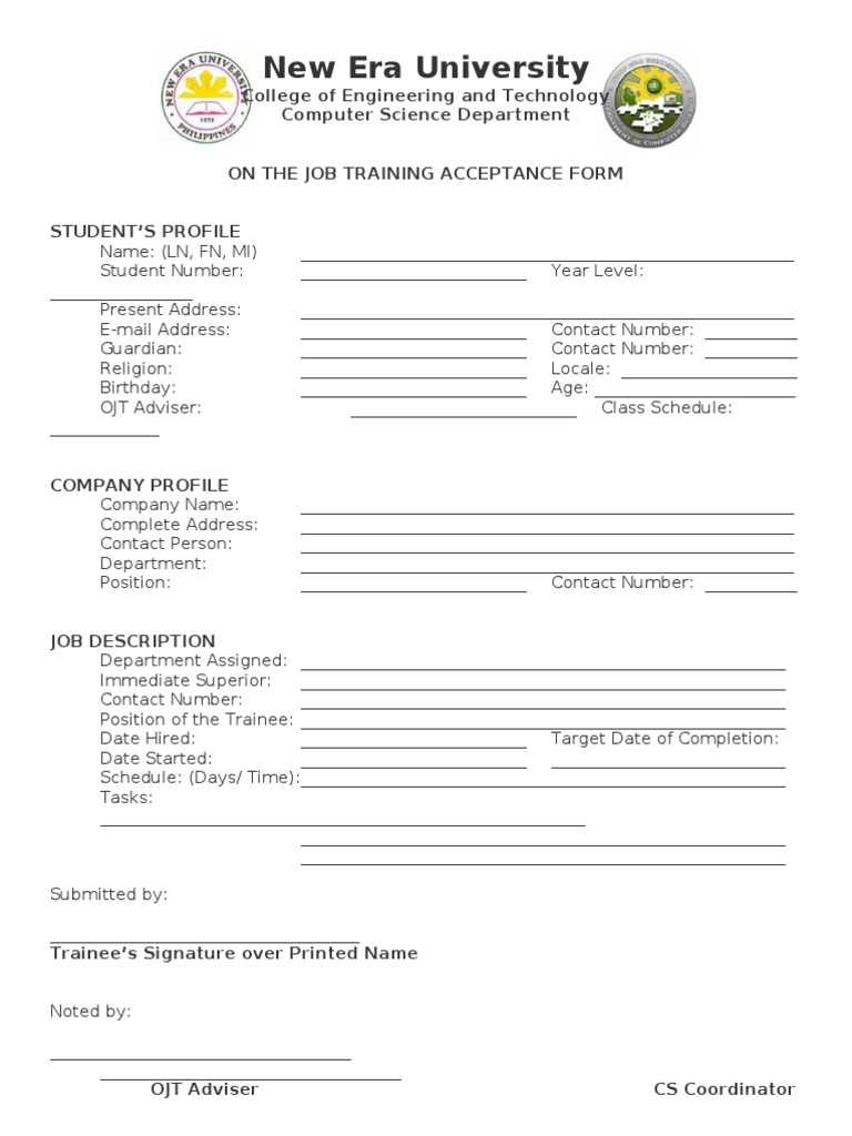 OJT Acceptance Form Template | PDF | Career & Growth