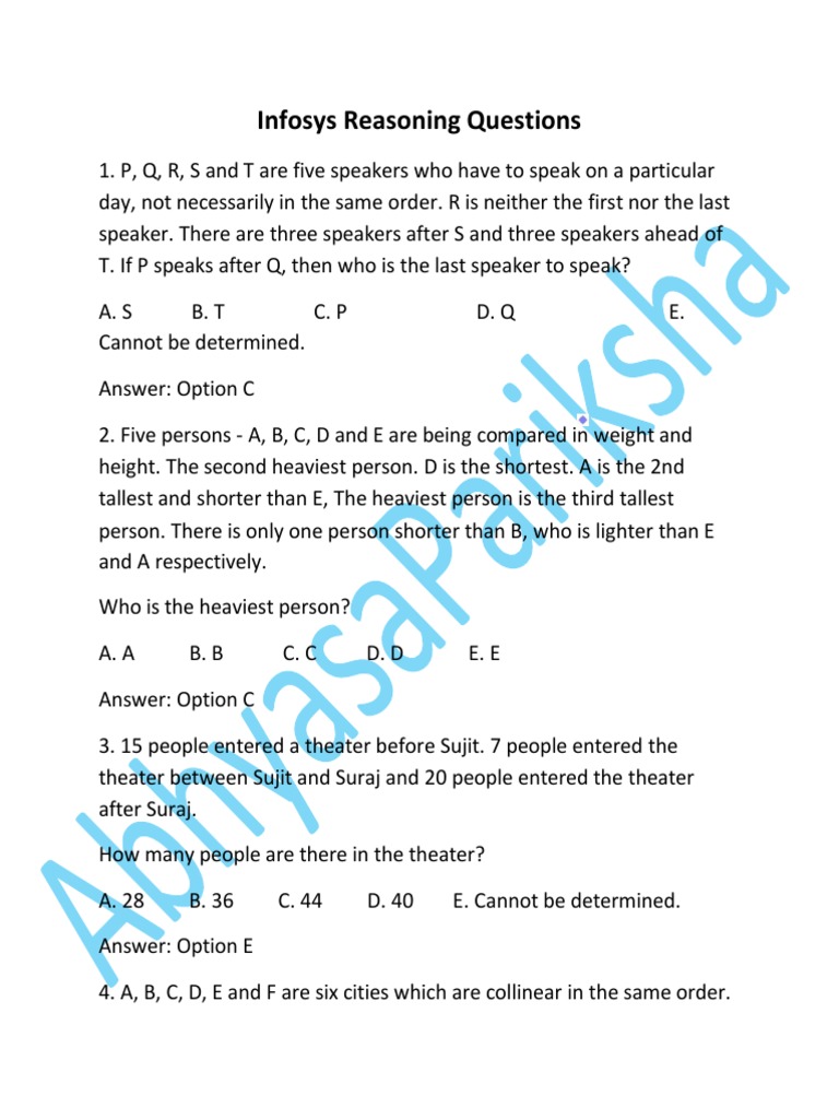 Infosys Reasoning Questions Pdf