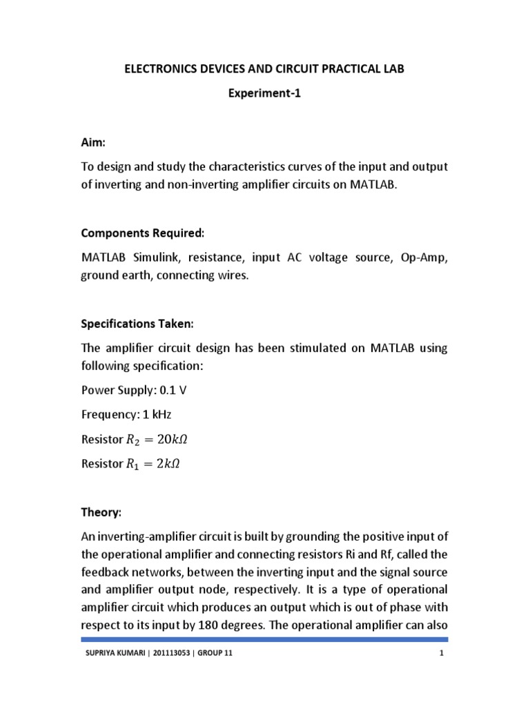 Electronics Lab (Experiment 1) | PDF | Amplifier | Operational Amplifier