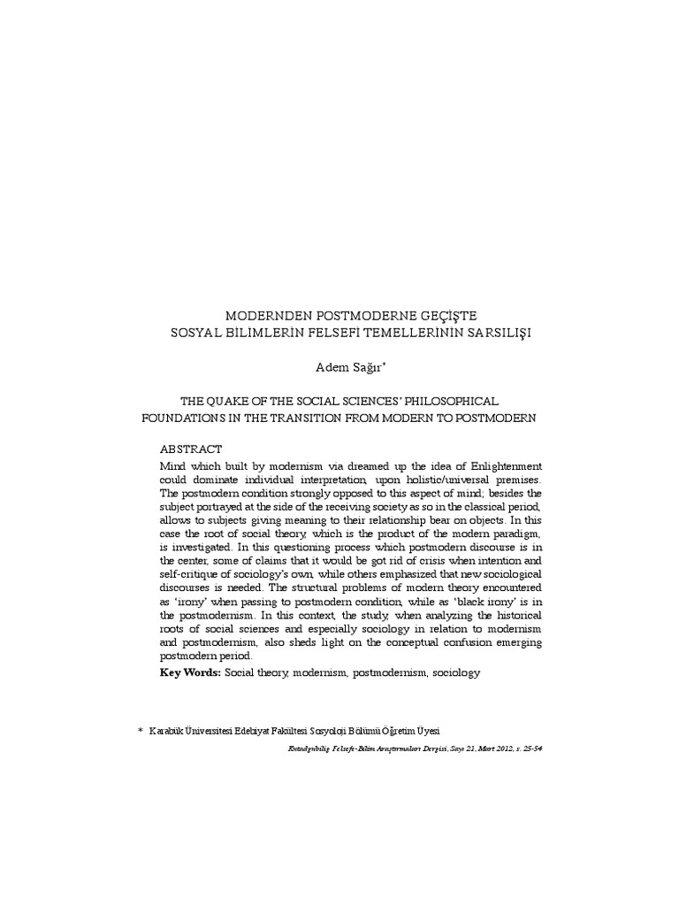 Adem Sagir-Modernden Postmoderne Geciste Sosyal Bilimlerin Felsefi Temellerinin Sarsilisi | PDF