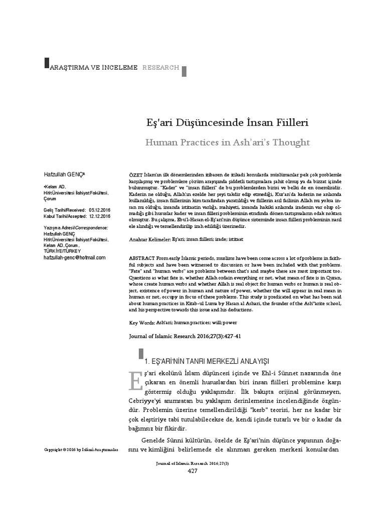 Hafzullah Genc-Esari Dusuncesinde Insan Fiilleri | PDF