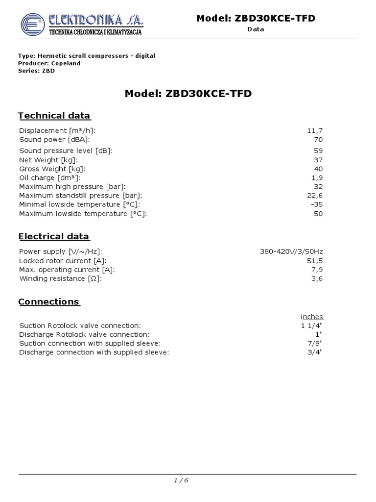 Technical Specifications and Performance Data for a Hermetic Scroll ...