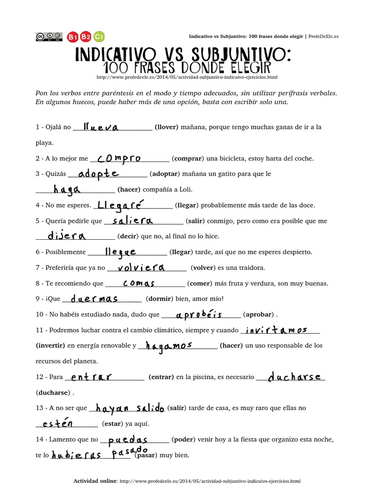 Ficha Indicativo Vs Subjuntivo | PDF