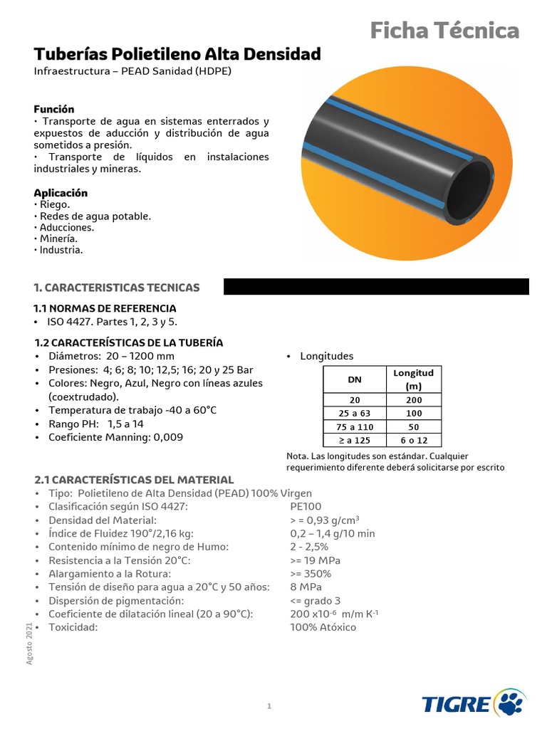 Ficha Tecnica Tuberias PEAD 08 2021 | PDF | Tubería (transporte de ...
