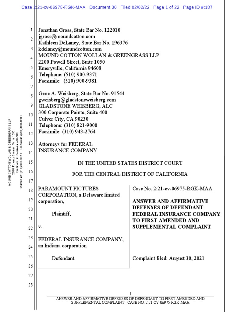 Paramount V Federal - Answer | PDF | Complaint | Affirmative Defense