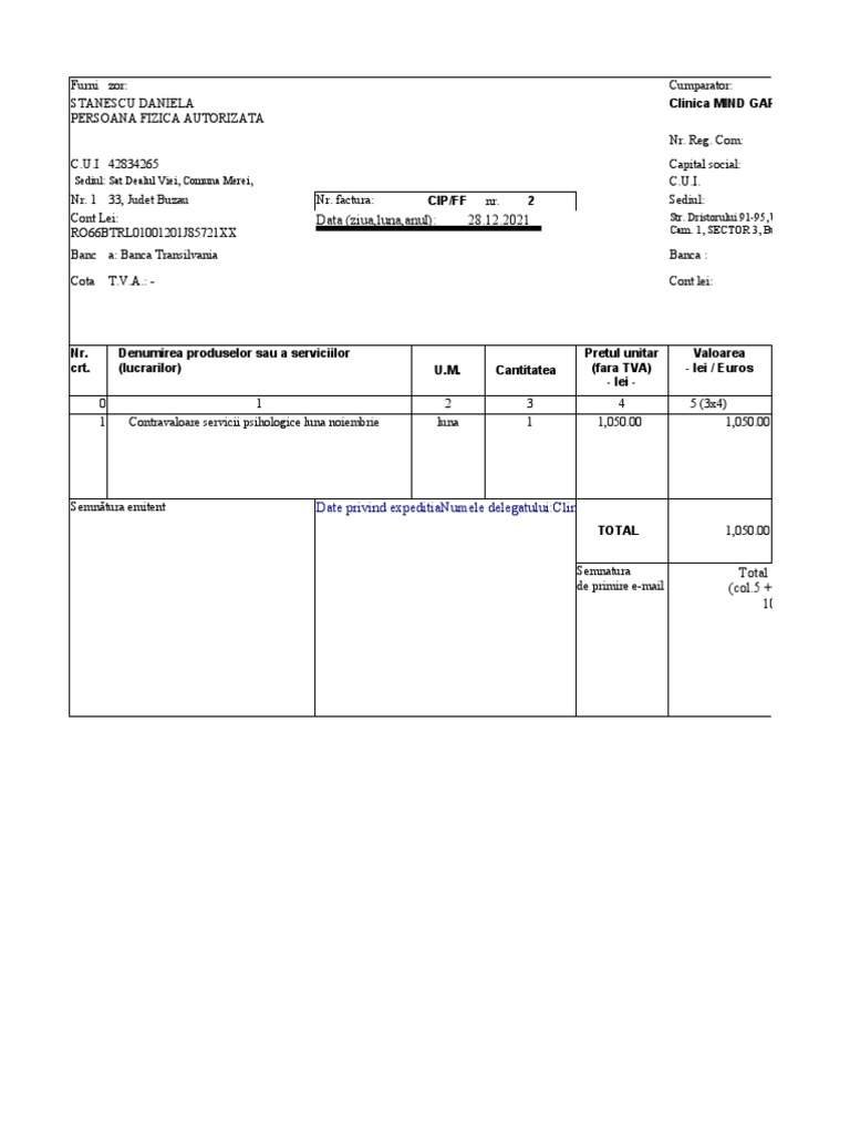 Stanescu Daniela Factura Mind Garden - Luna Noiembrie | PDF