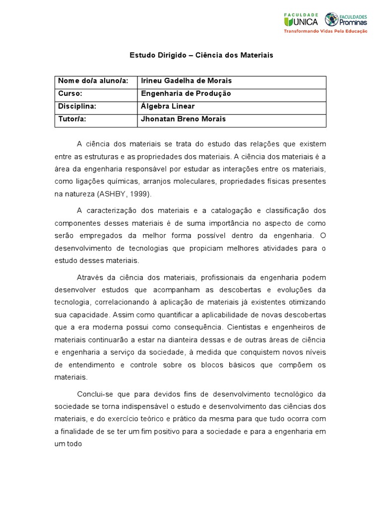 Estudo Dirigido - Ciencia Dos Materiais | PDF