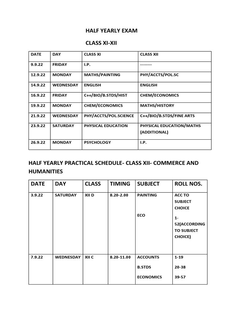 Half Yearly Exam Datesheet | PDF | Science