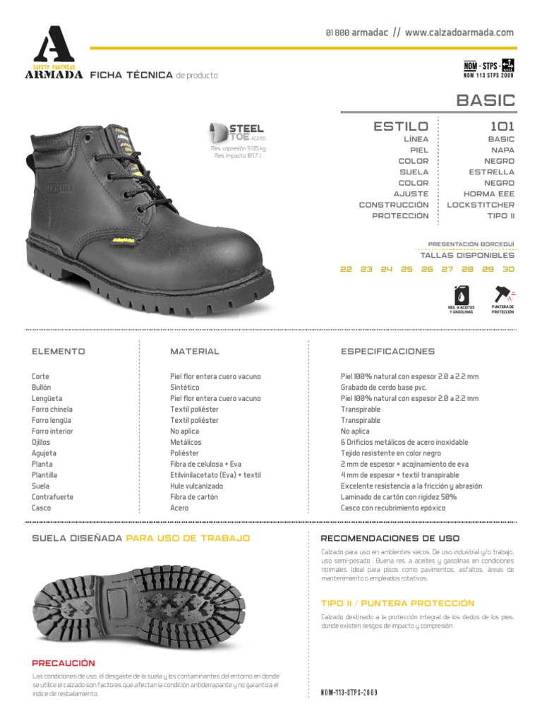 Ficha técnica de borceguíes de seguridad tipo II con especificaciones de materiales ...