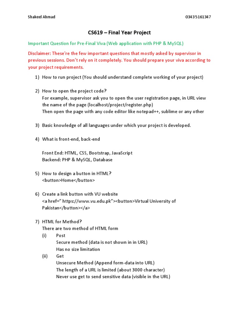 Test Phase and Pre-Final Viva Important Questions | Download Free PDF ...