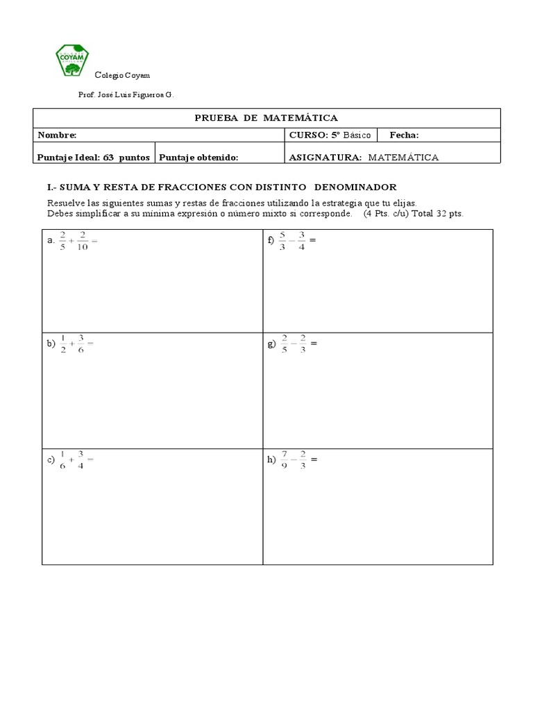 Prueba-5º-Basico-Suma-y-Resta-de-Fracciones Con Distinto Denominador | PDF | Métodos y ...