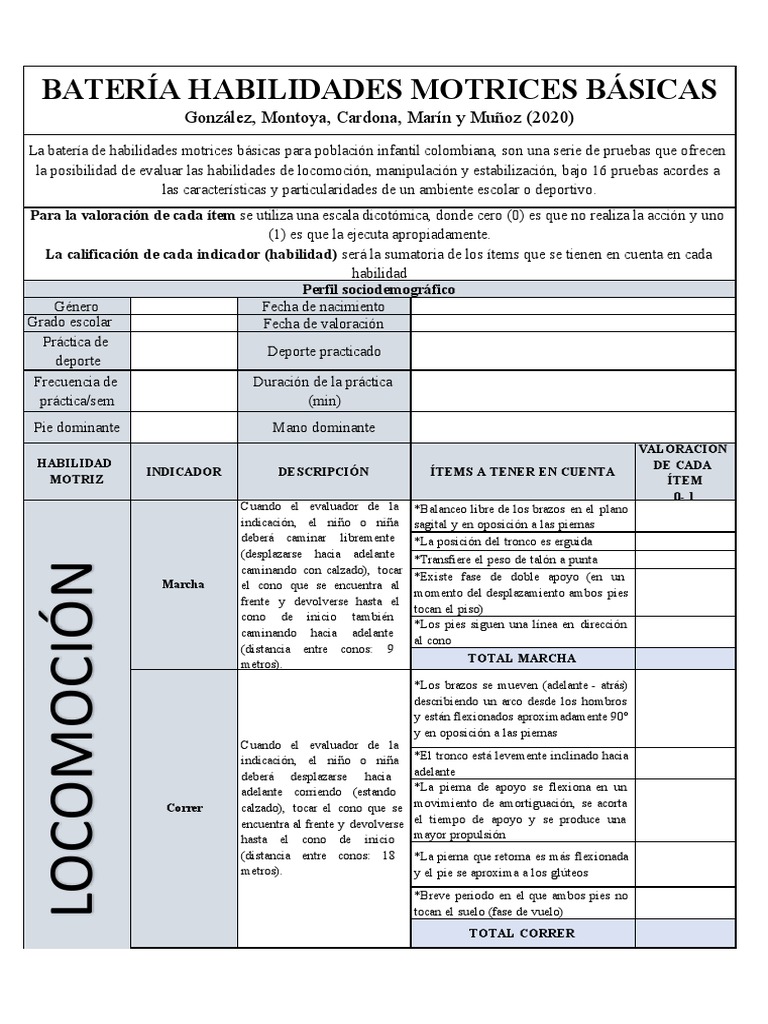 Batería de habilidades motrices básicas para evaluar las capacidades locomotrices, manipulativas ...