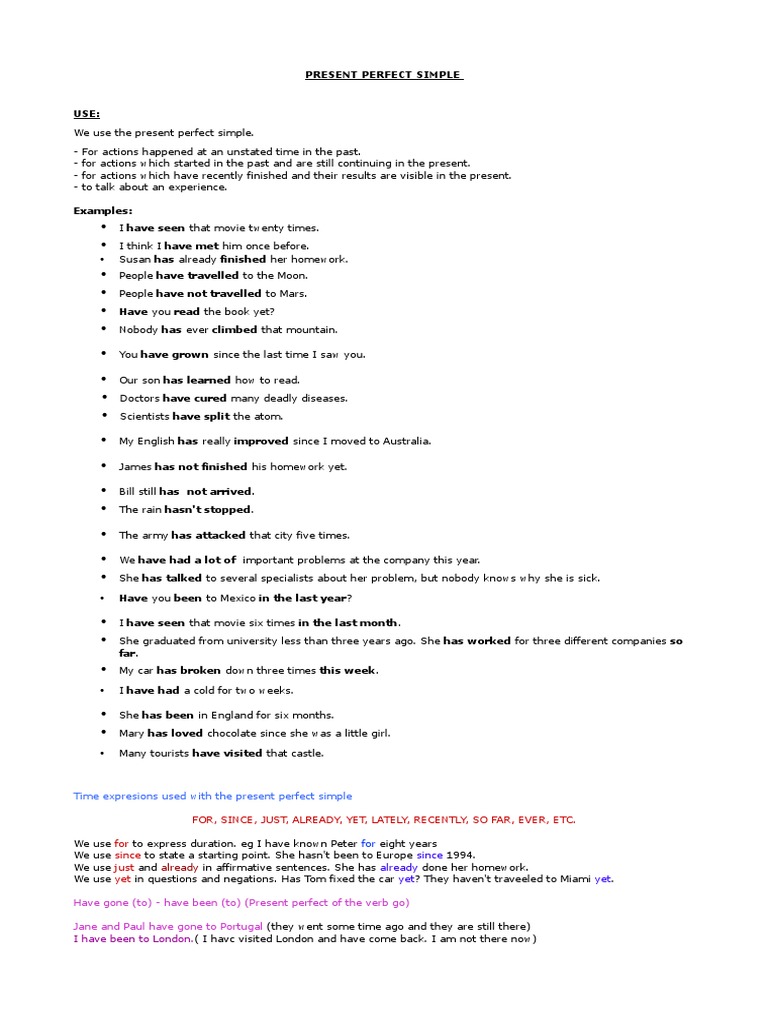 Present Perfect Simple Exercises | PDF | Language Arts & Discipline | Foreign Language Studies