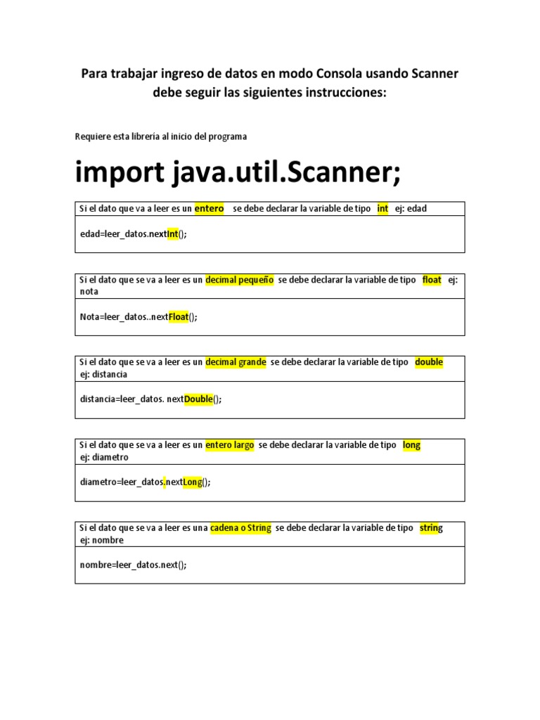 Como Leer Con Clase Scanner y JOptionPaneInput Java | PDF | Informática