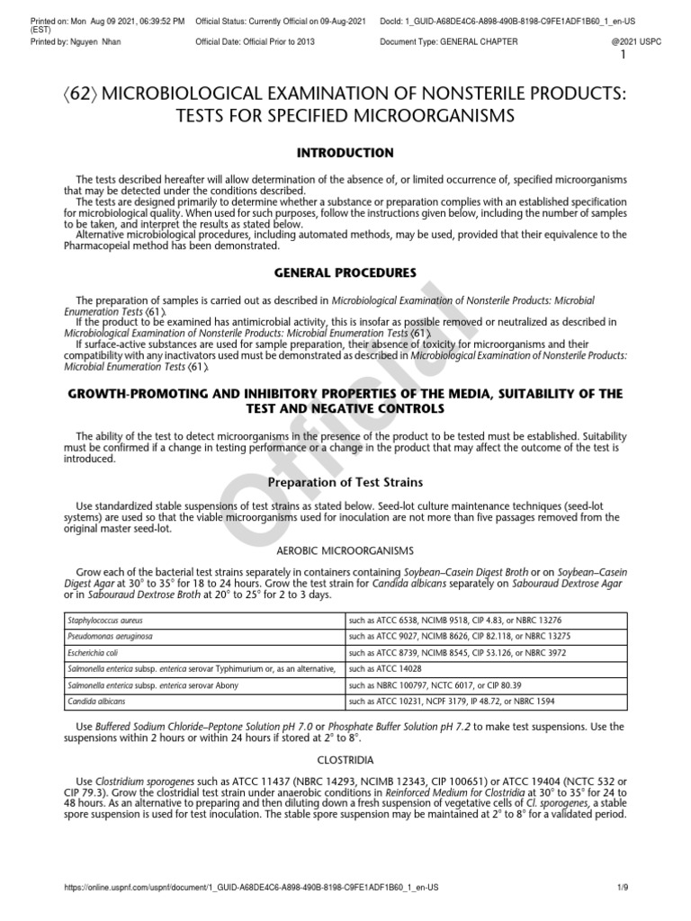 〈62〉 MICROBIOLOGICAL EXAMINATION OF NONSTERILE PRODUCTS TESTS FOR ...