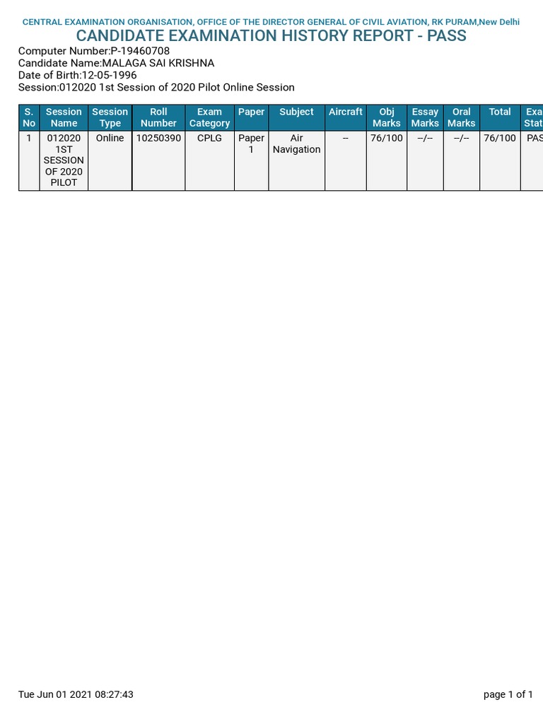 Candidate Examination History Report - Pass | PDF