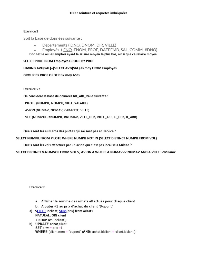 TD3 SQL Corrigé | PDF | Bases de données | Logiciel de gestion des données