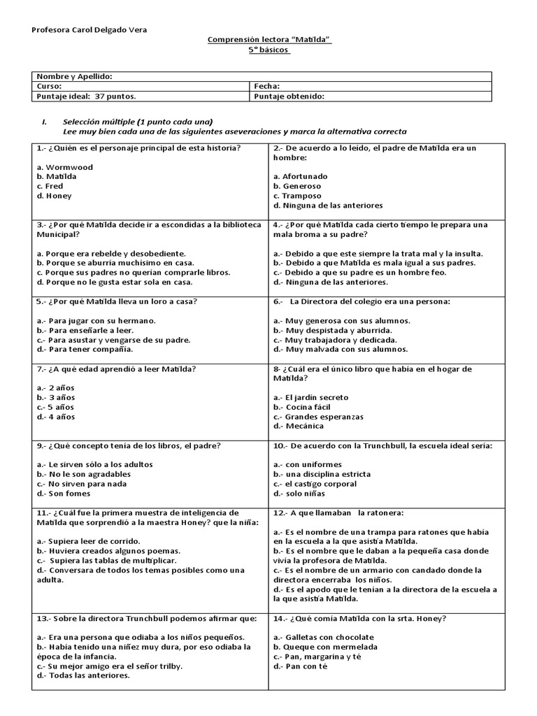 Prueba Matilda Mes de Agosto, Lectura 5tos | PDF
