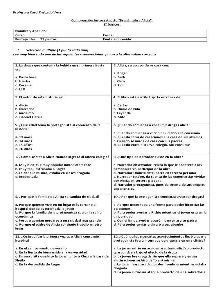 Evaluación de Comprensión Lectora: "Pregúntale a Alicia" | PDF