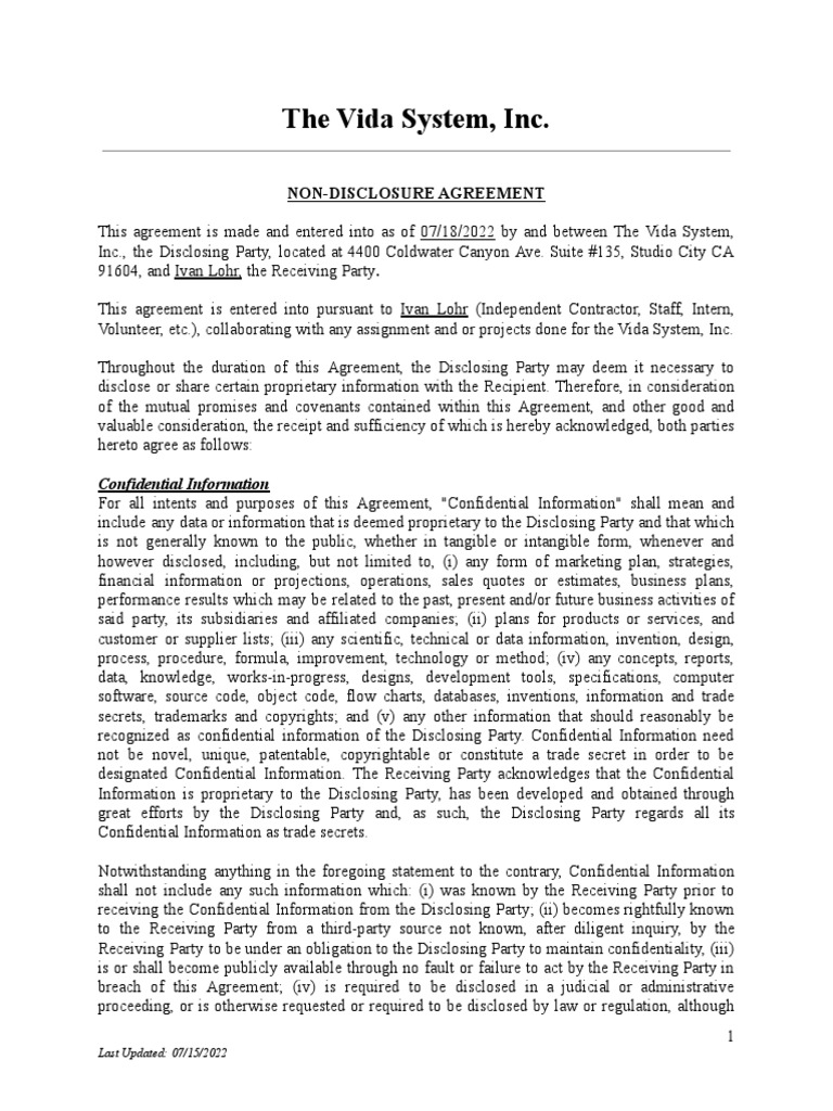Vida System Non-Disclosure Agreement | PDF | Discovery (Law) | Confidentiality