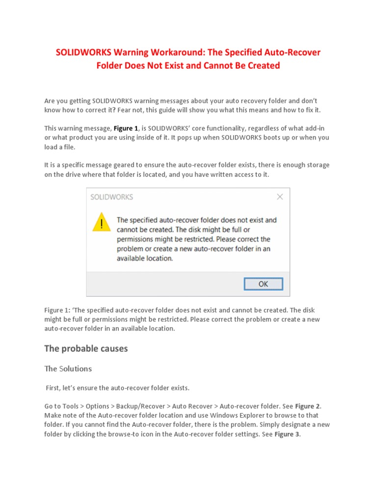SOLIDWORKS Warning Workaround The Specified Auto-Recover Folder Does ...
