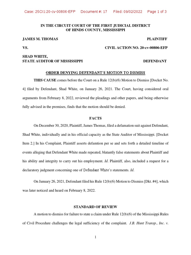 Order Denying Motion To Dismiss | PDF | Lawsuit | Federal Rules Of Civil Procedure