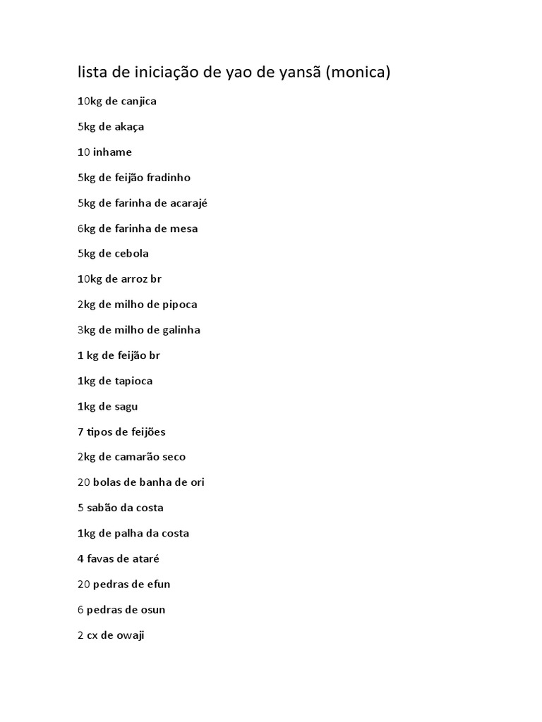 Lista de Iniciação de Yawo para Yansã | PDF