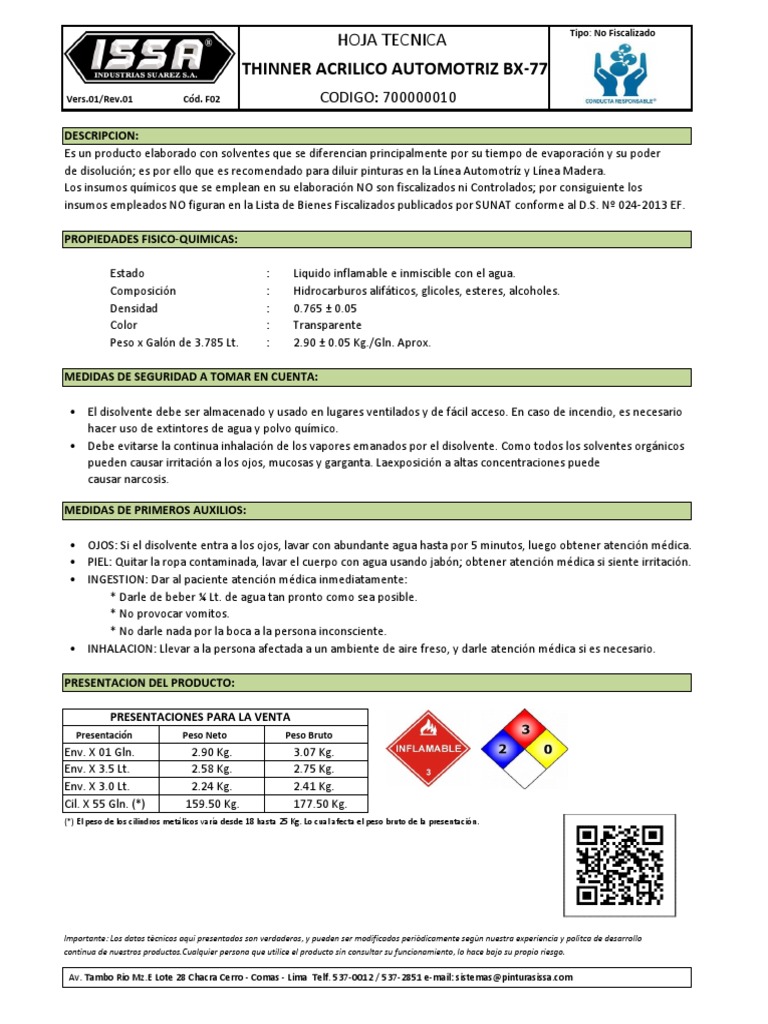 Hoja Tecnica Thinner Acrilico Automotriz BX-77 - 1 - 7942 | PDF | Agua ...