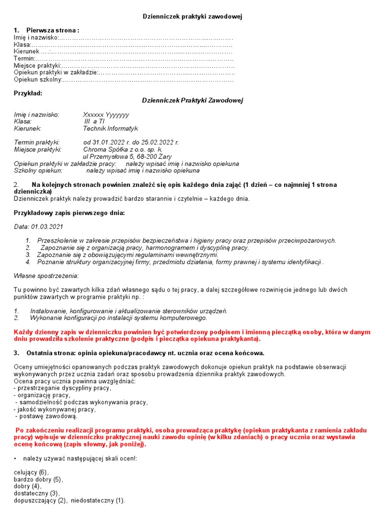 Aktualny opis - Dzienniczek praktyki zawodowej | PDF