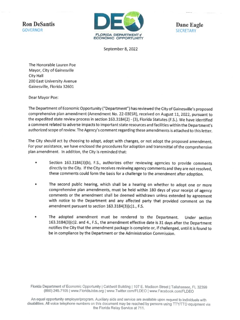 Florida DEO Responds To Gainesville Zoning Plan | PDF