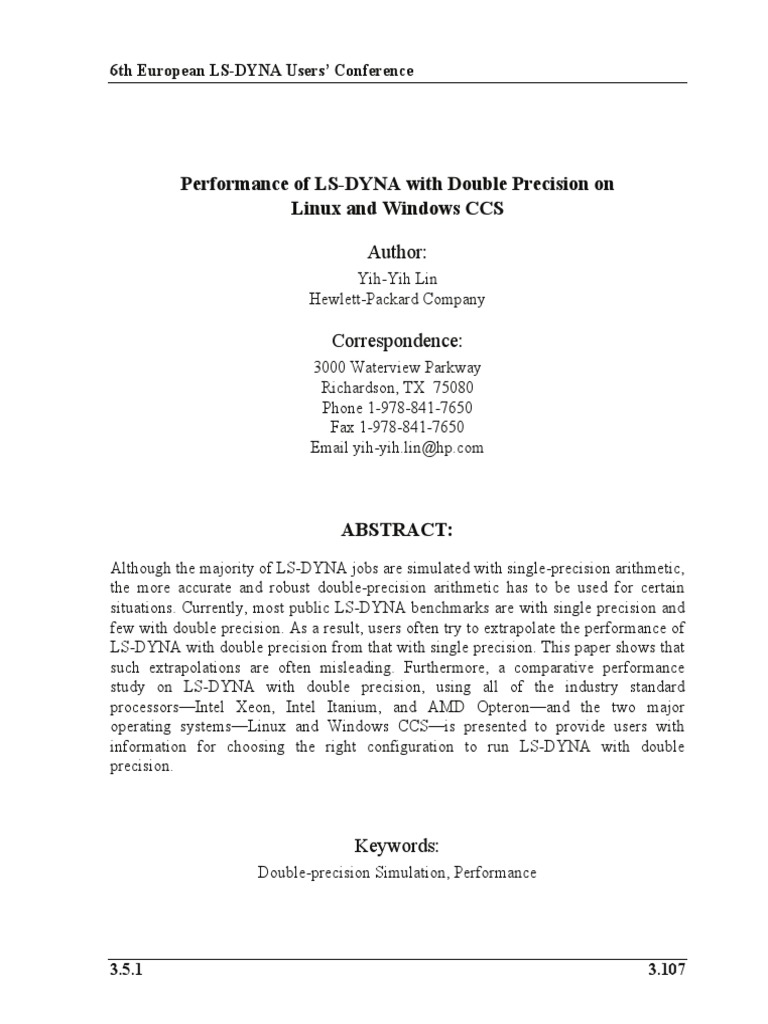 Performance of Ls Dyna With Double Precision On | PDF Performance of Ls Dyna With Double Precision On | PDF